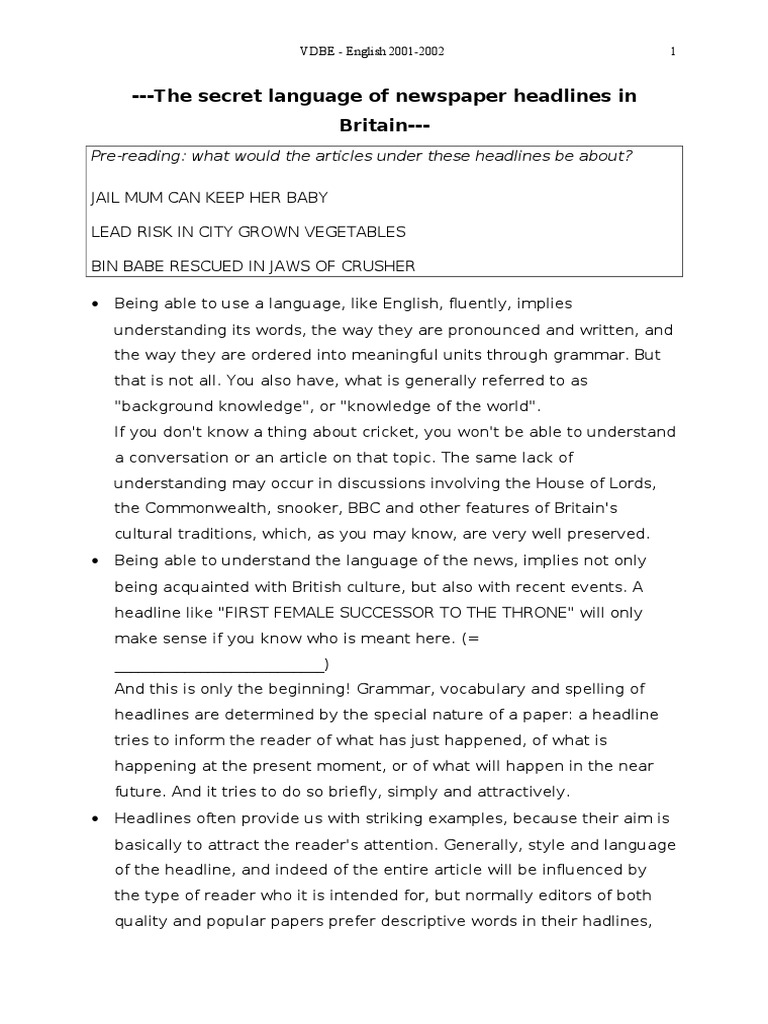 Understanding British Newspaper Headlines | PDF | English Language | Verb