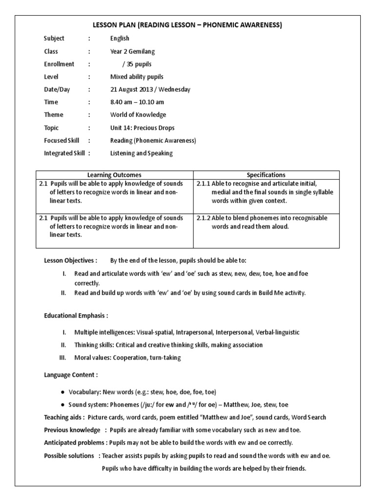 LESSON PLAN Reading Phoneme Oe | PDF | Phonics | Lesson Plan