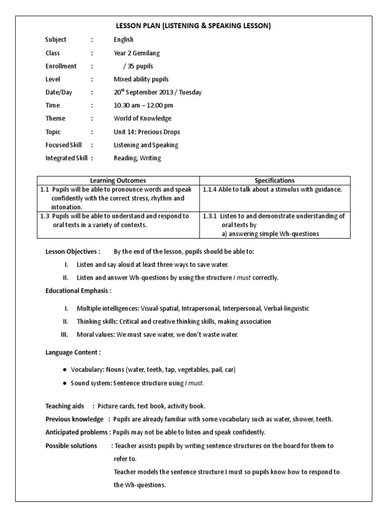 Year 2 Listening & Speaking Plan | PDF | Lesson Plan | Question