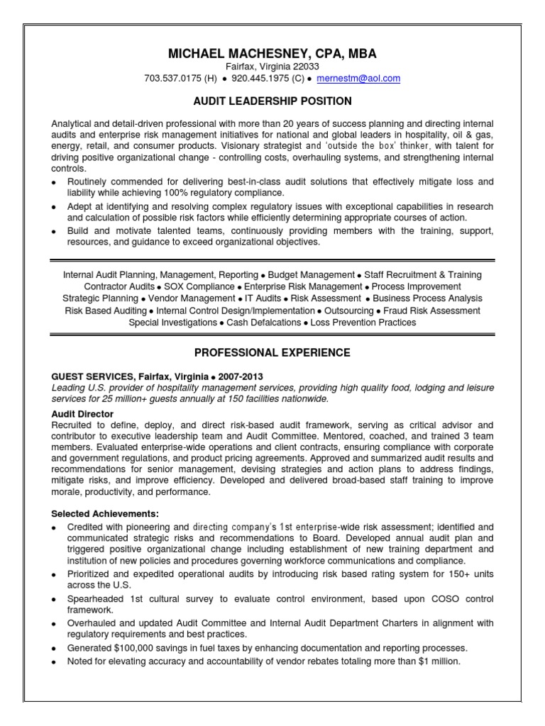 Director Audit Risk Management in Boston MA Resume Michael Machesney ...