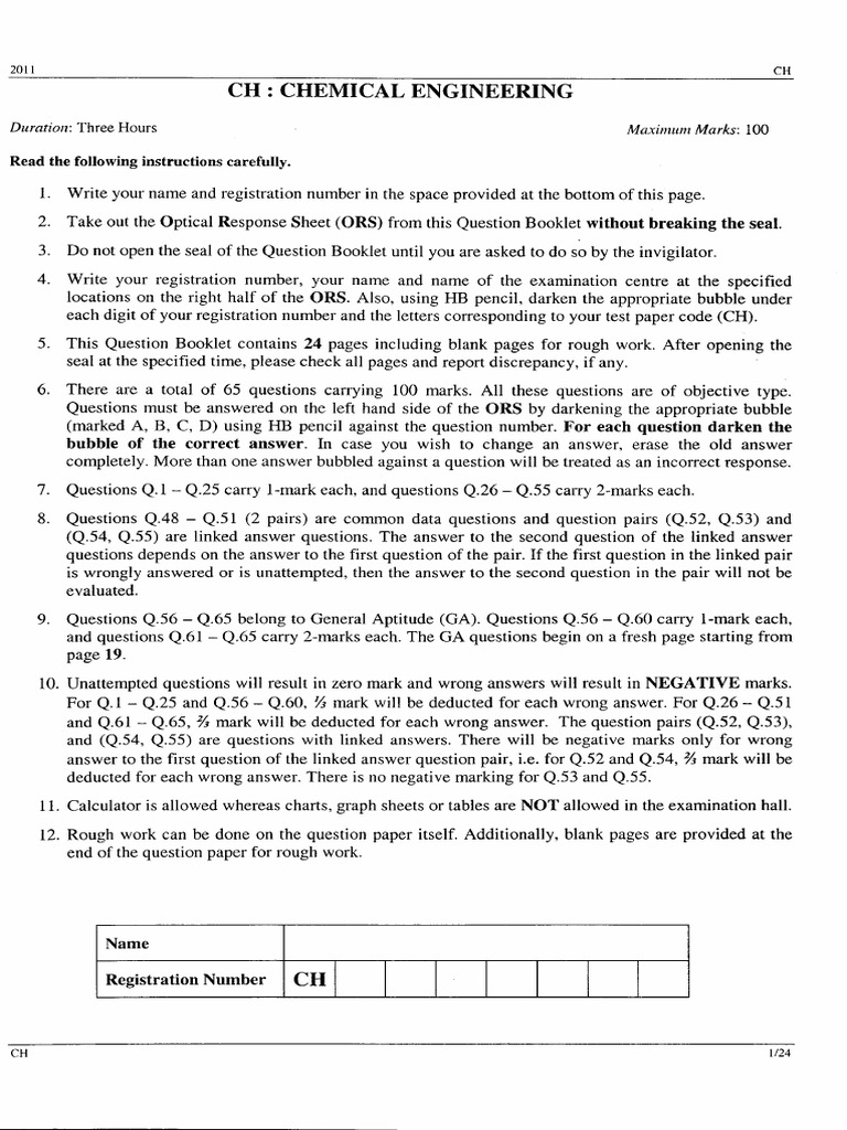 GATE Chemical Engineering 2011 | PDF | Heat Transfer | Polymerization