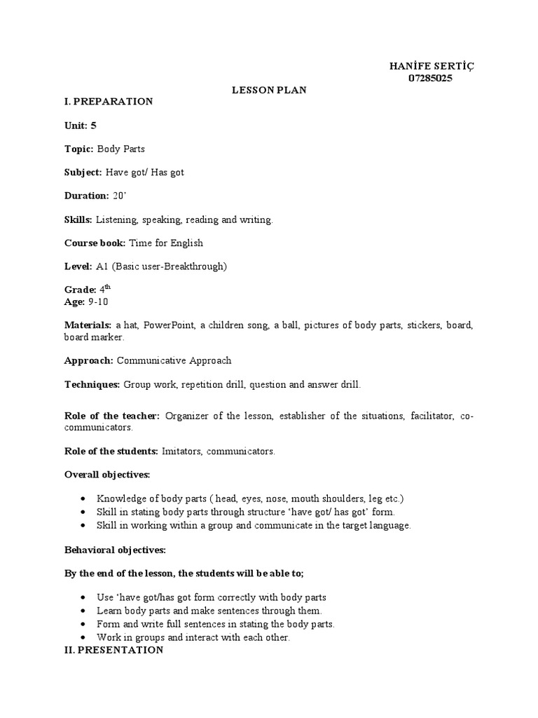 Lesson Plan Body Parts | PDF | Lesson Plan | Teachers