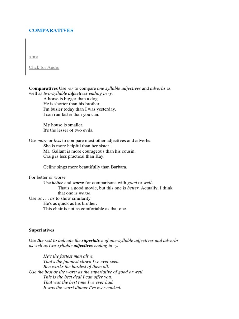 Comparatives: Click For Audio | PDF | Verb | Noun
