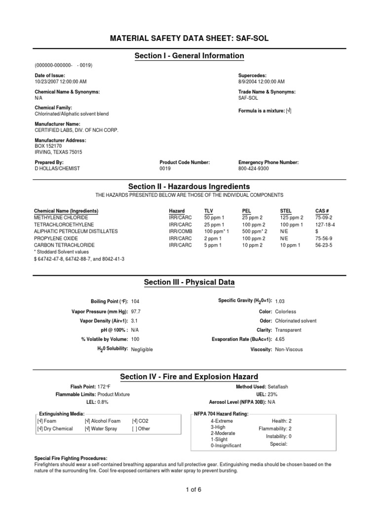 Material Safety Data Sheet: Saf-Sol Section I - General Information ...