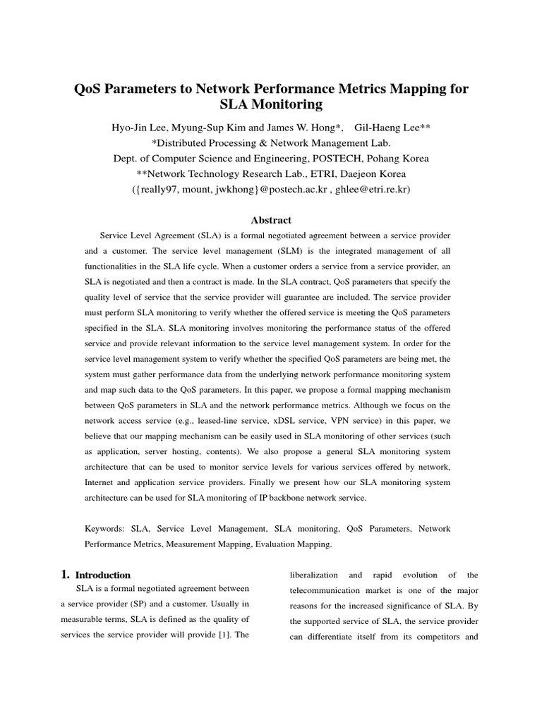 Qos Parameters To Network Performance Metrics Mapping For Sla Monitoring | Download Free PDF ...