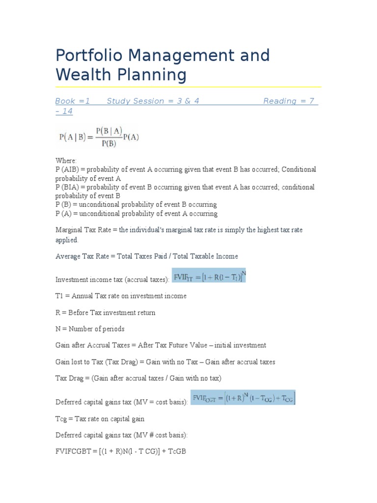 Portfolio Management and Wealth Planning Formulas | PDF | Income Tax ...