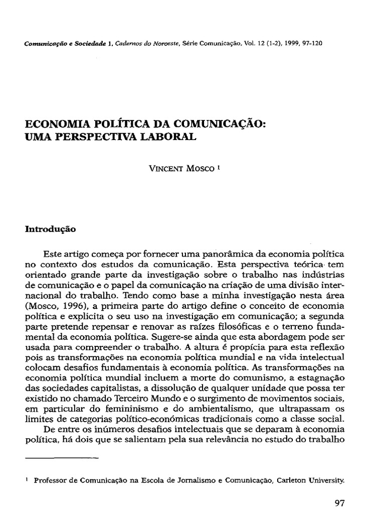 Vincent Mosco. Economia Política Da Comunicação | PDF | Economia ...