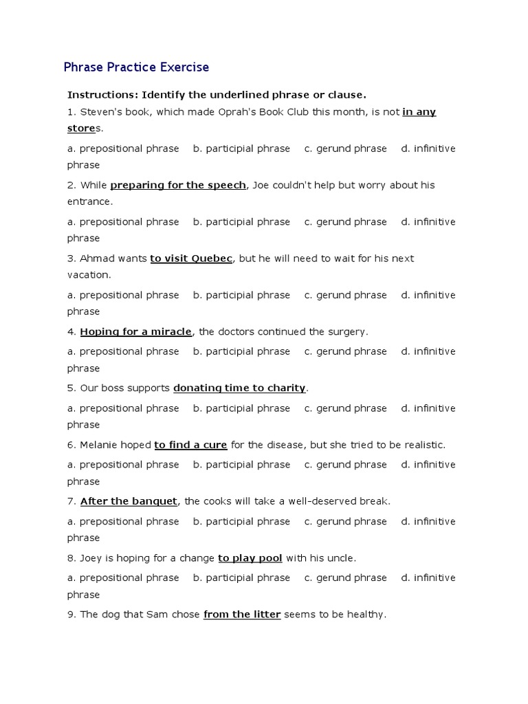 Phrase Identification Practice | PDF | Helen Keller | Preposition And ...