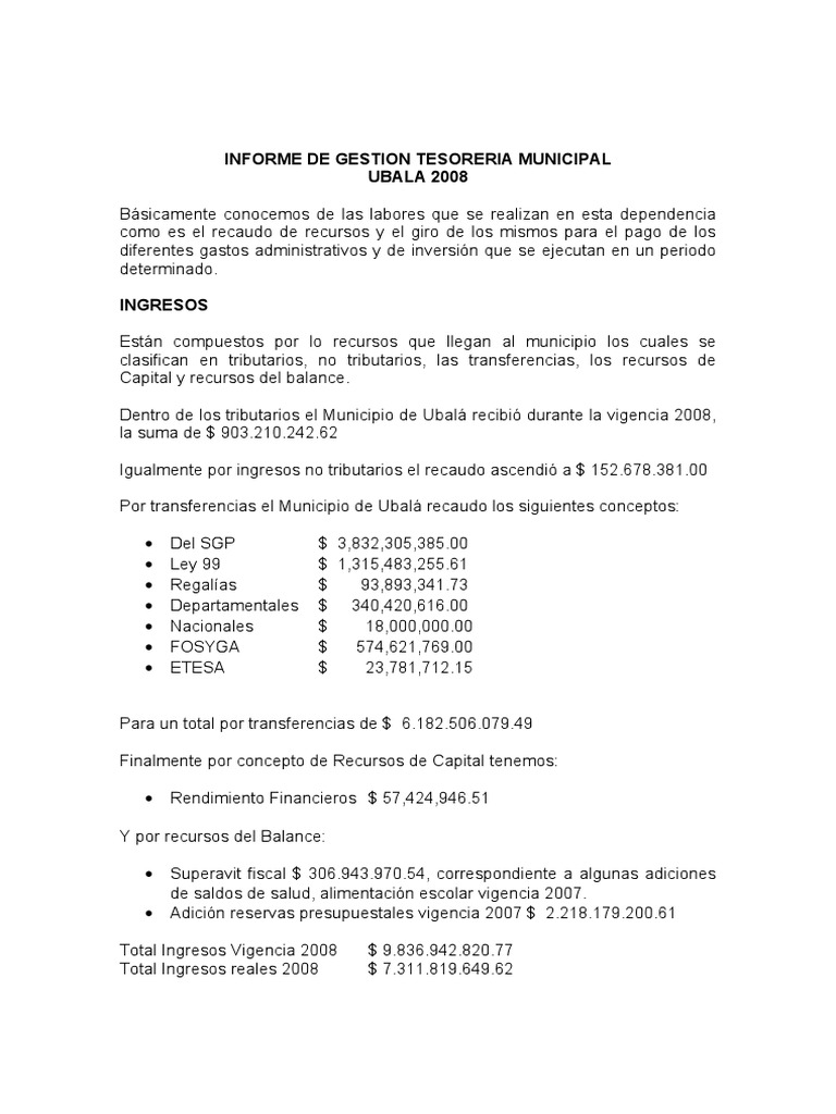 Informe de Gestion Tesoreria Muncicpal | PDF | Euro | Business