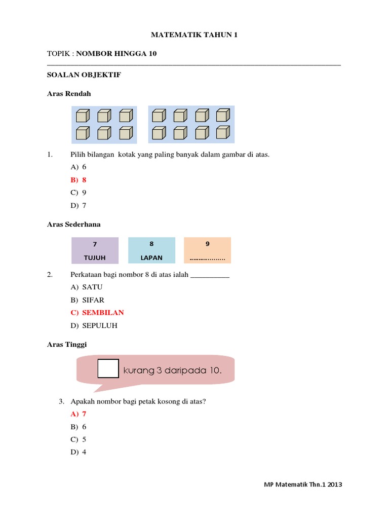 Soalan Pelbagai Aras Matematik Tahun 1 | PDF