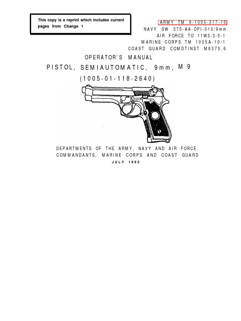us army - tm 9-1005-317-10 - operator's manual for m9 9mm pistol ...