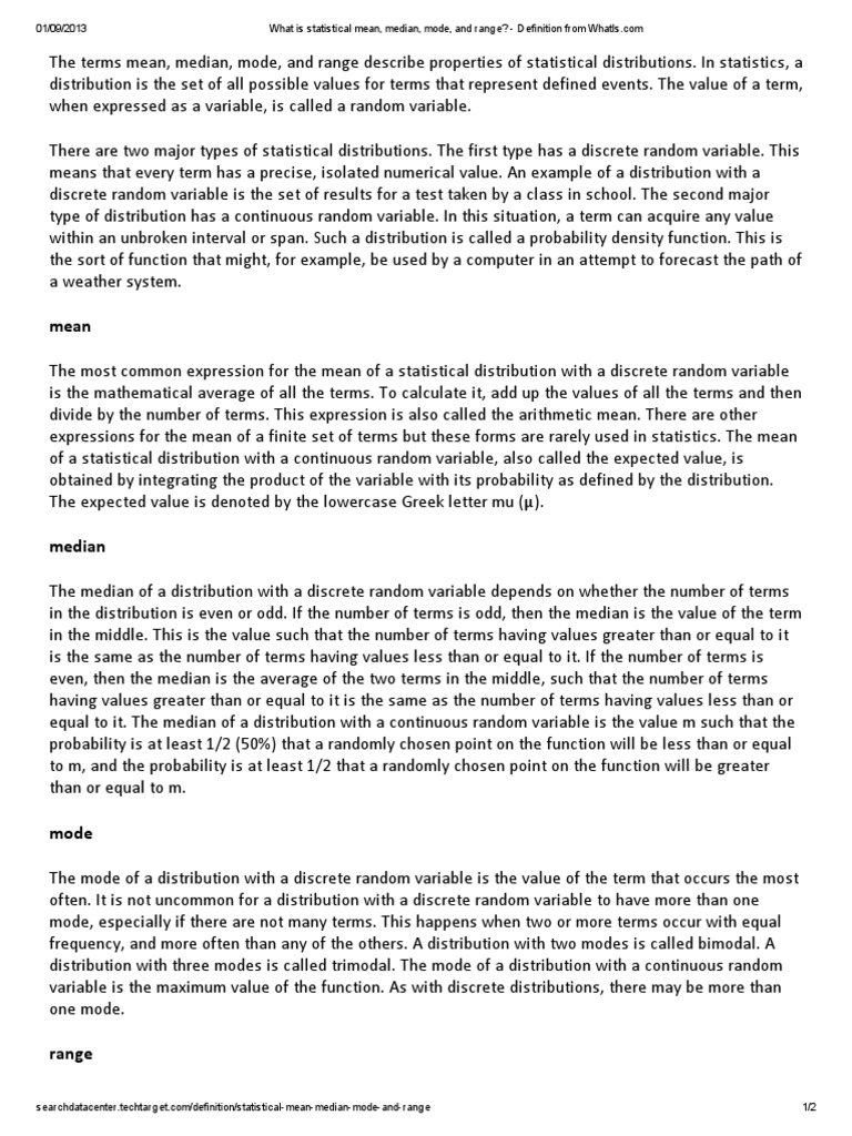 What Is Statistical Mean, Median, Mode, and Range - Definition From WhatIs | PDF | Probability ...