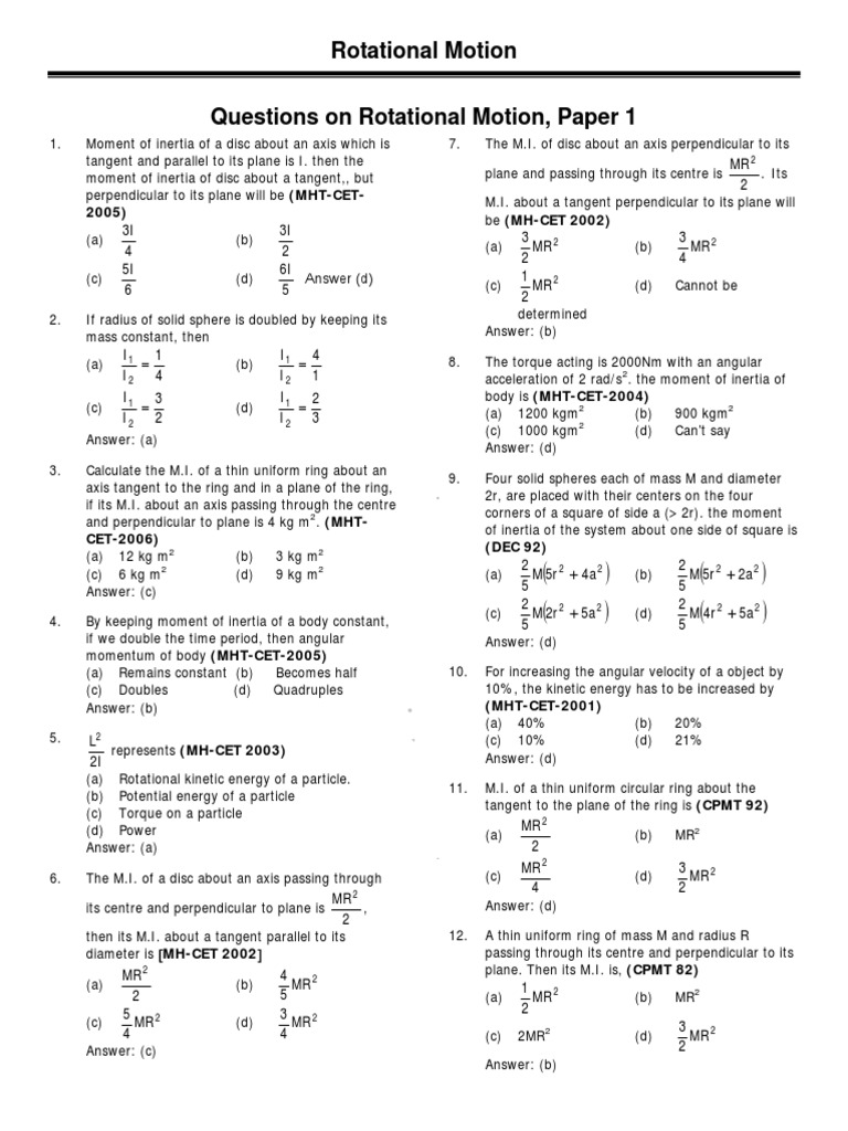 ROTATION MCQ | Rotation Around A Fixed Axis | Torque