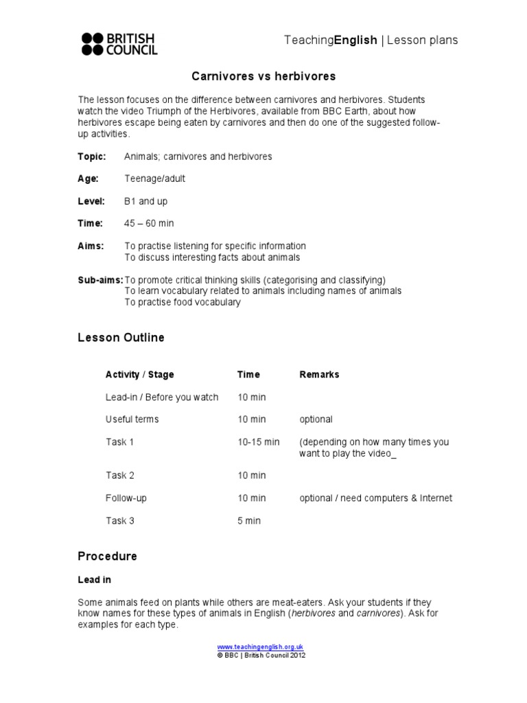 Carnivores Vs Herbivores Lesson Plan | PDF | Predation | Herbivore