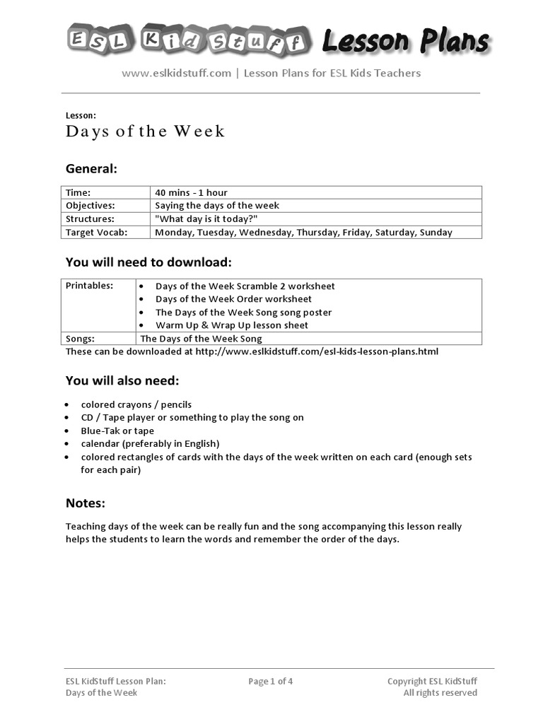 Days of The Week Lesson Plan | PDF