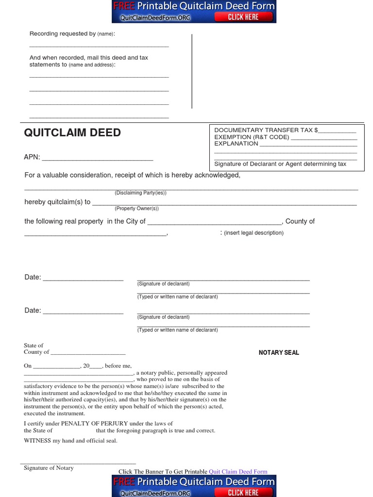Quit Claim Deed Form Sample | PDF | Deed | Notary Public