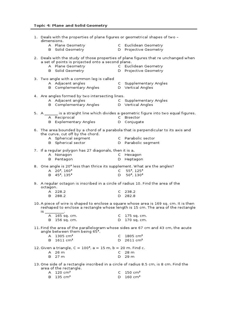 Plane and Solid Geometry Exam | PDF | Area | Circle