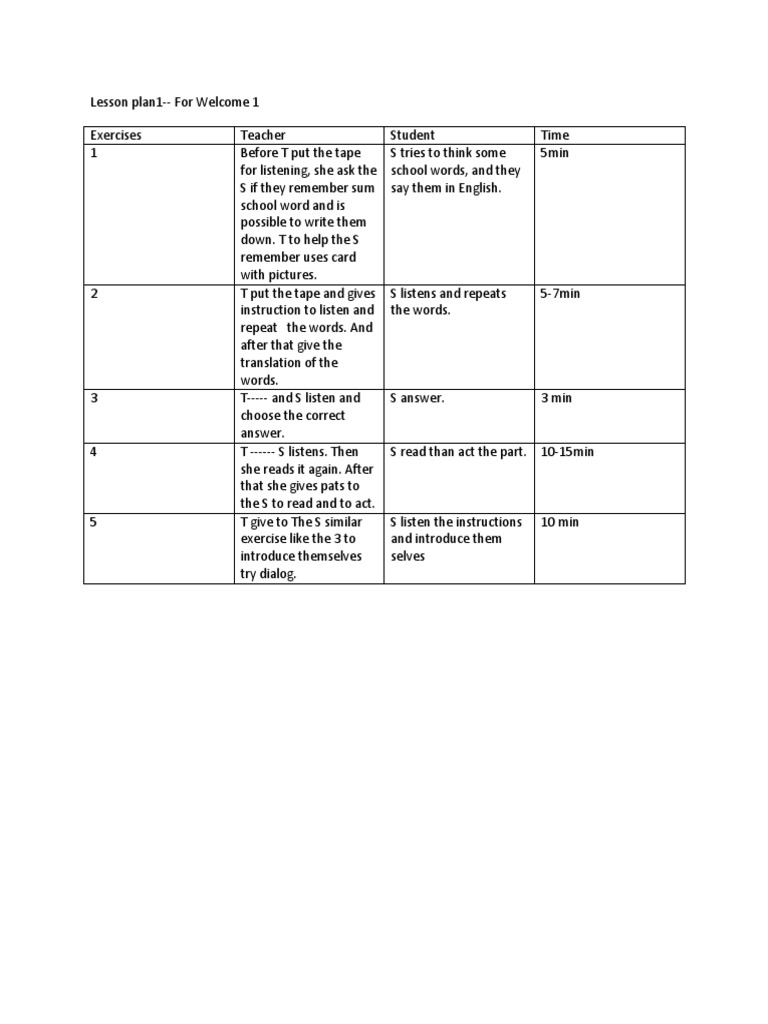 Welcome 1 Lesson Plan Overview | PDF