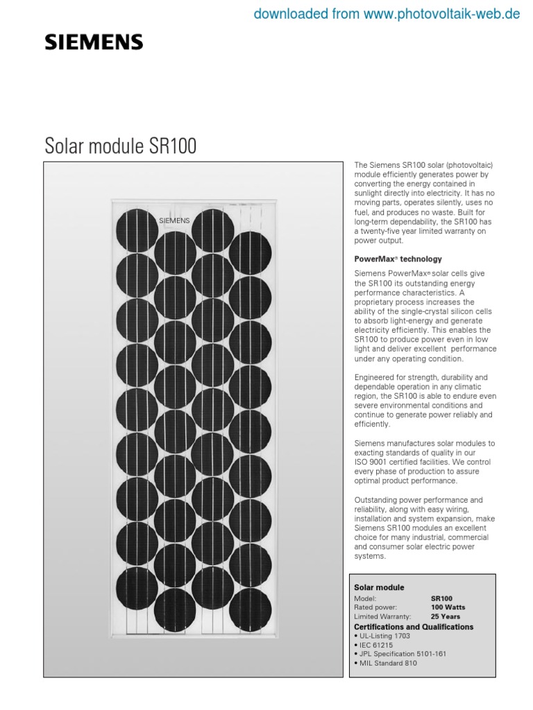 Siemens Solar SR100 | PDF | Solar Panel | Solar Energy