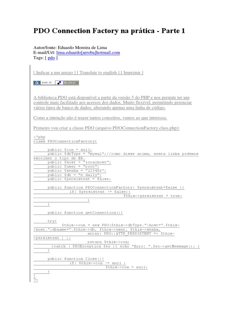 PDO Connection Factory Na Prática | PDF | Classe (programação de ...