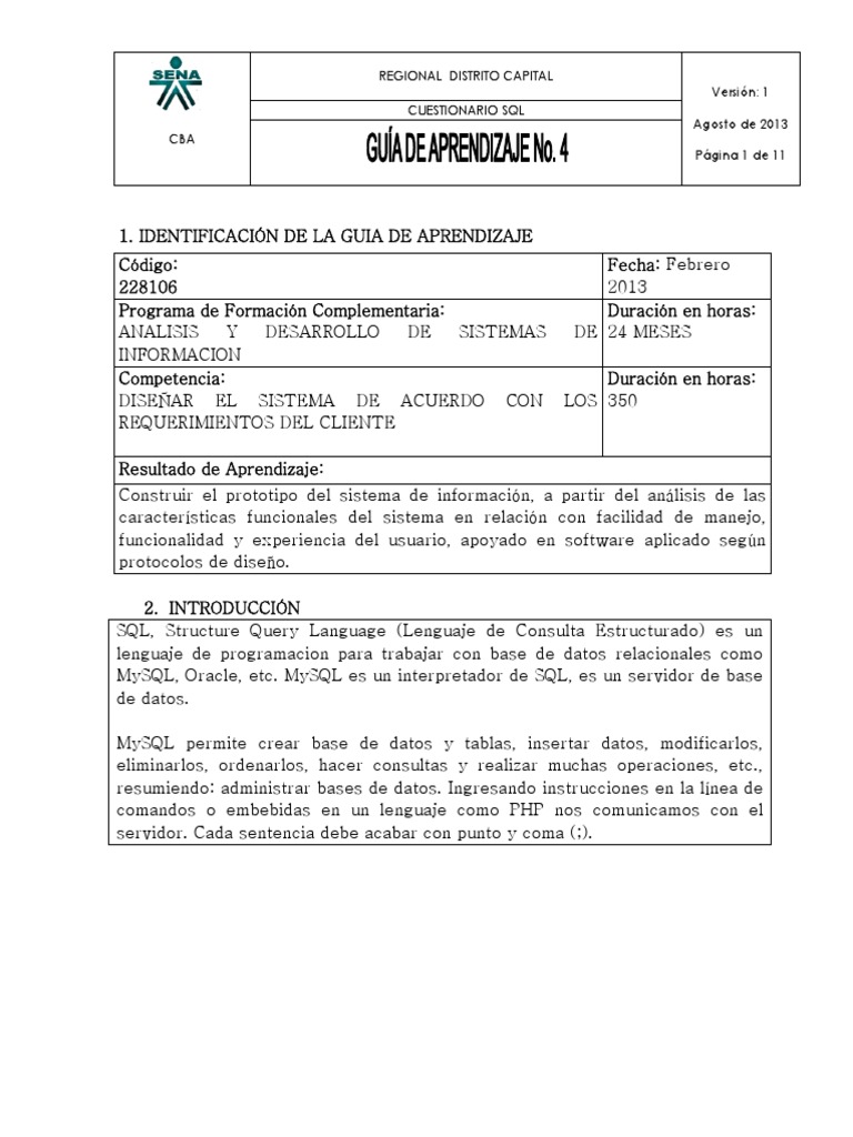Guia Aprendizaje 4 Cuestionario SQL | PDF | SQL | Mi sql