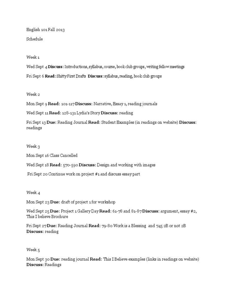 English 101 Fall 2013 Schedule | PDF | Essays | Writing