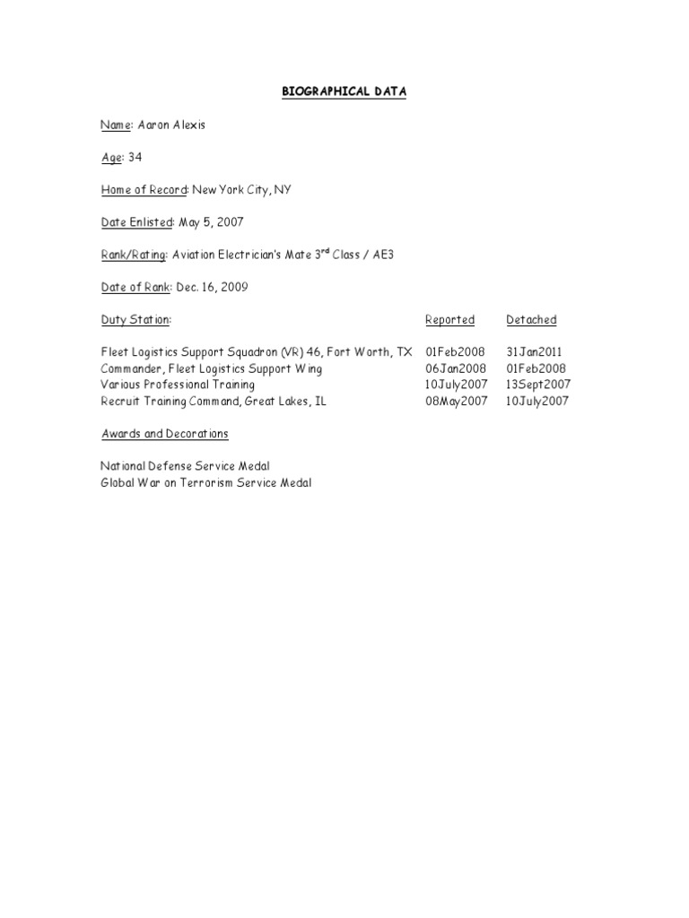 US Navy Releases Navy Yard Shooter Aaron Alexis' Biographical Data ...