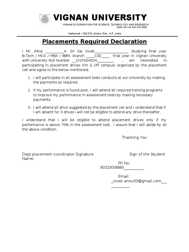 Vignan University Placement Declaration Form | PDF