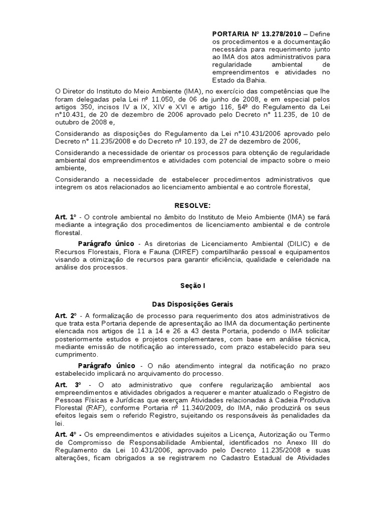 Portaria 13278 2010 Procedimentos e Documentacao IMA INEMA | PDF | Lei ...