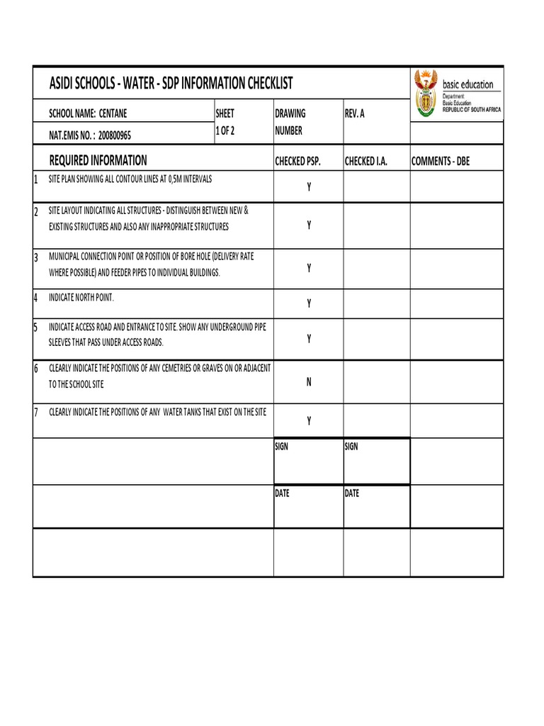 DBE ASIDI - Centane SDP Water & Sanitation Checkilist Rev A | PDF