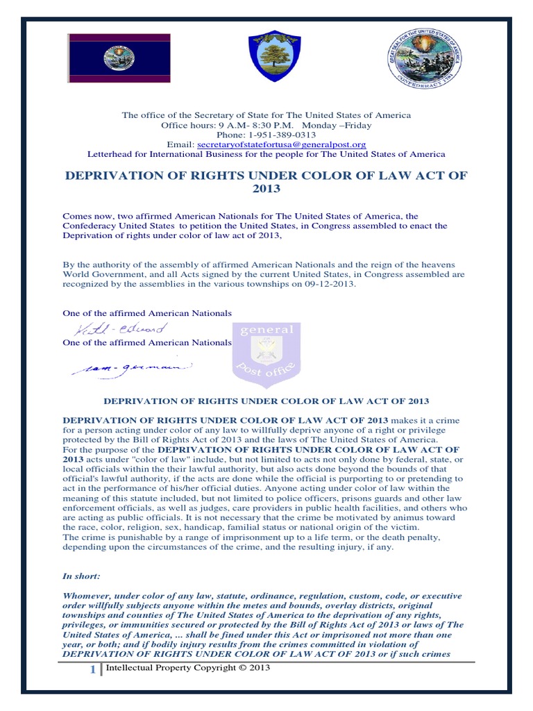 Deprivation of Rights Under Color of Law Act of 2013 | Law Of The ...