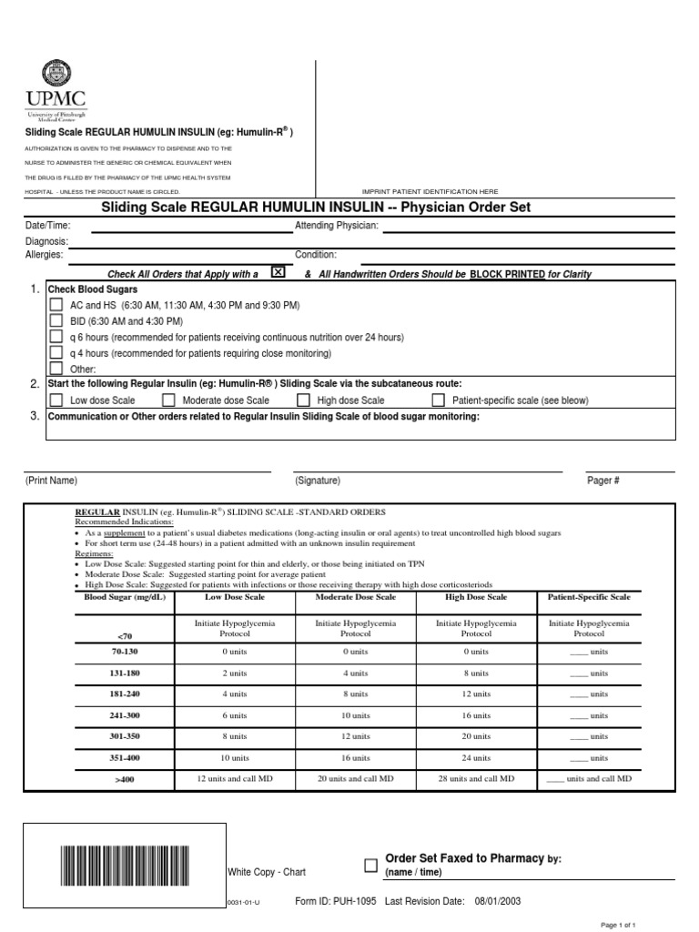 Sliding Scale REGULAR HUMULIN INSULIN - Physician Order Set | PDF