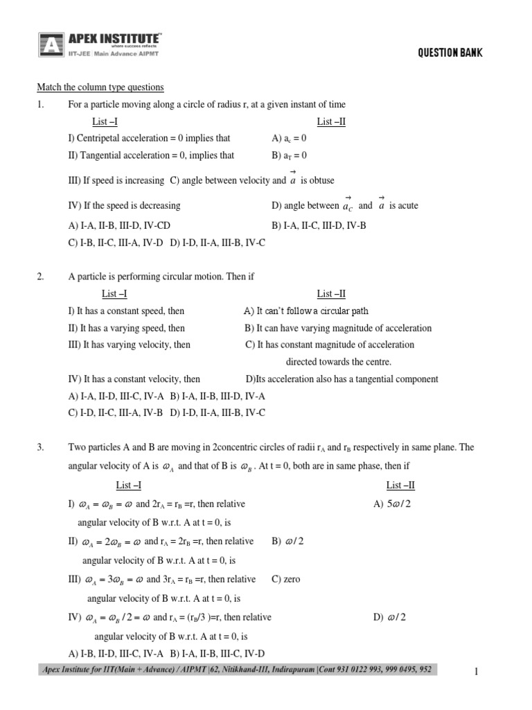 Motion Question Bank For IIT JEE | PDF | Rotation Around A Fixed Axis | Force