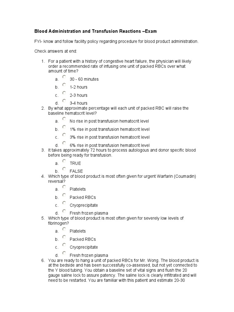 Blood Transfusion Exam Questions | PDF | Blood Type | Blood Transfusion