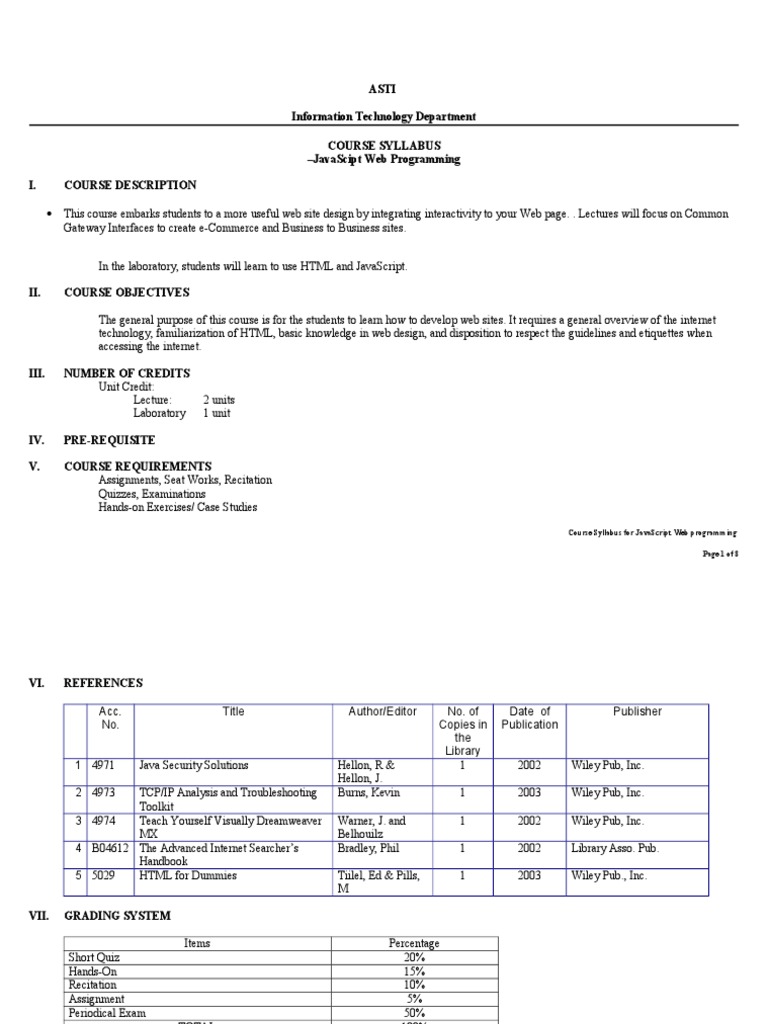 Asti Information Technology Department Course Syllabus - Javascipt Web Programming I. Course ...