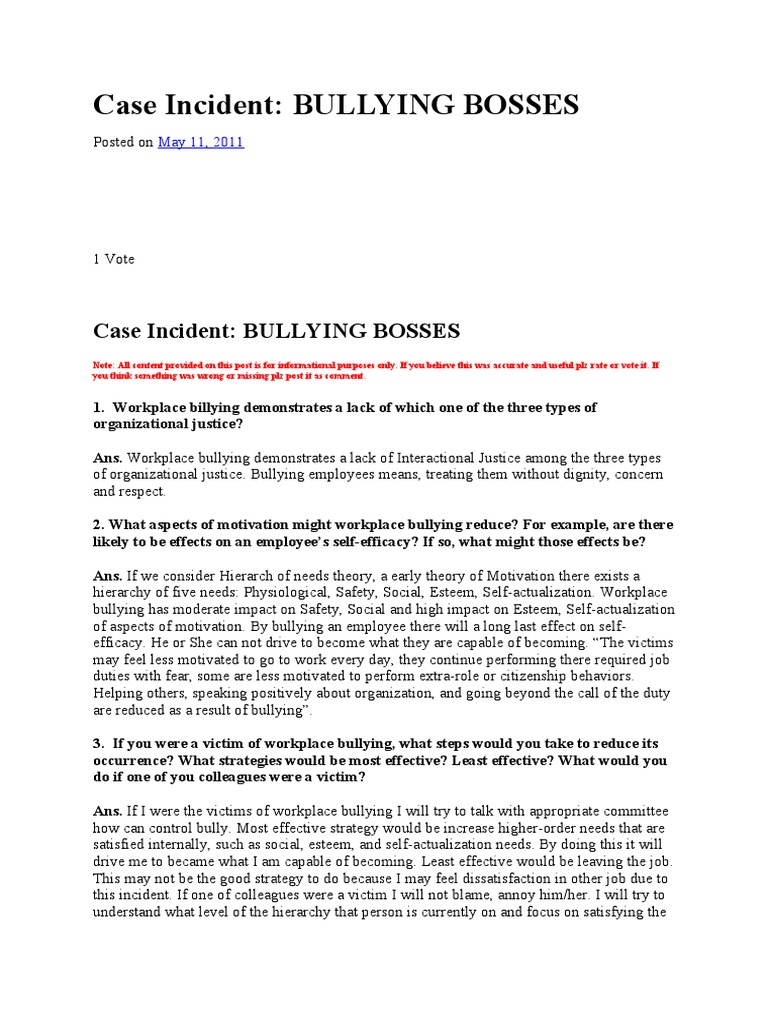 Case Incident 2 | PDF | Workplace Bullying | Bullying