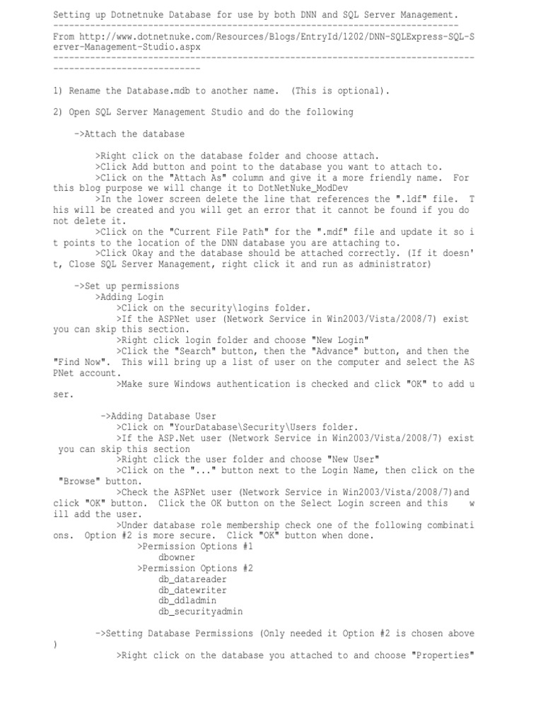 Dotnetnuke Dnn Database Setup Instructions Pdf Dot Net Nuke