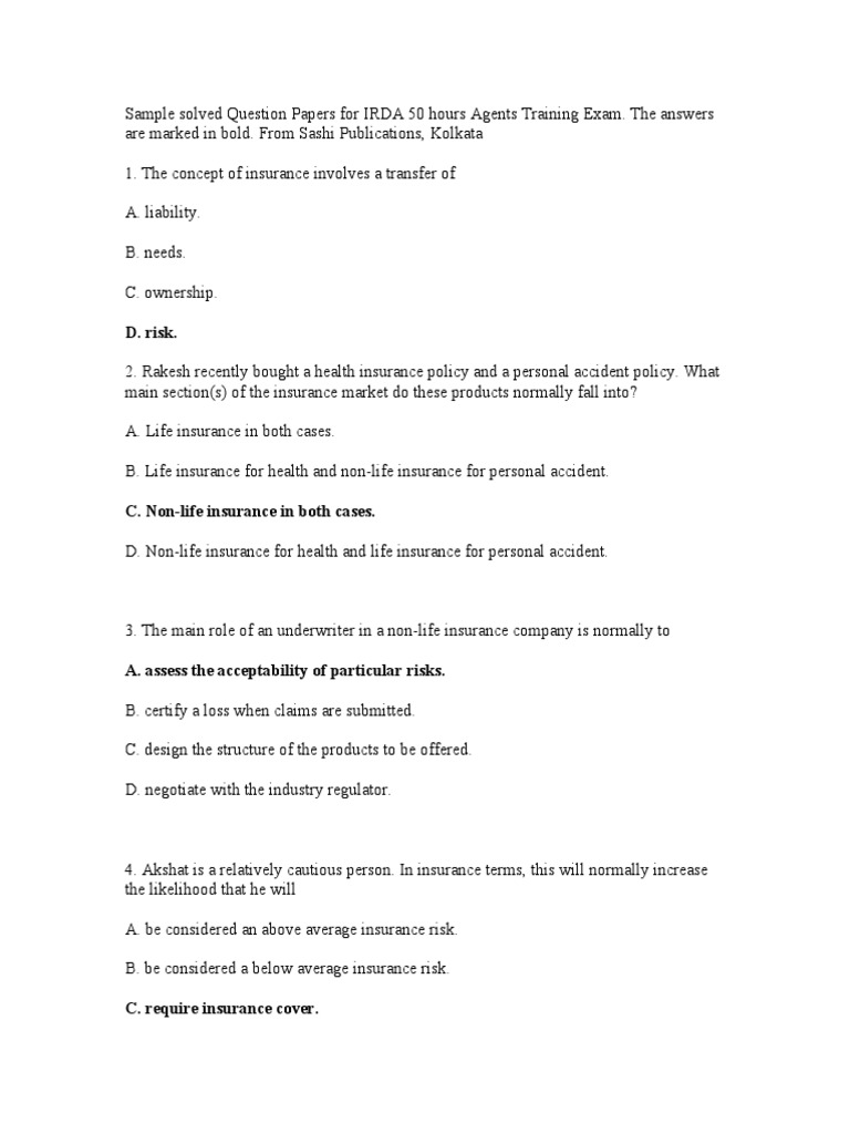 Sample Solved Question Papers For IRDA 50 Hours Agents Training Exam ...