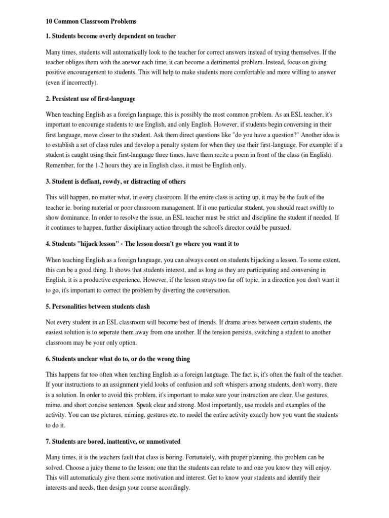 10 Common Classroom Problems | English As A Second Or Foreign Language ...