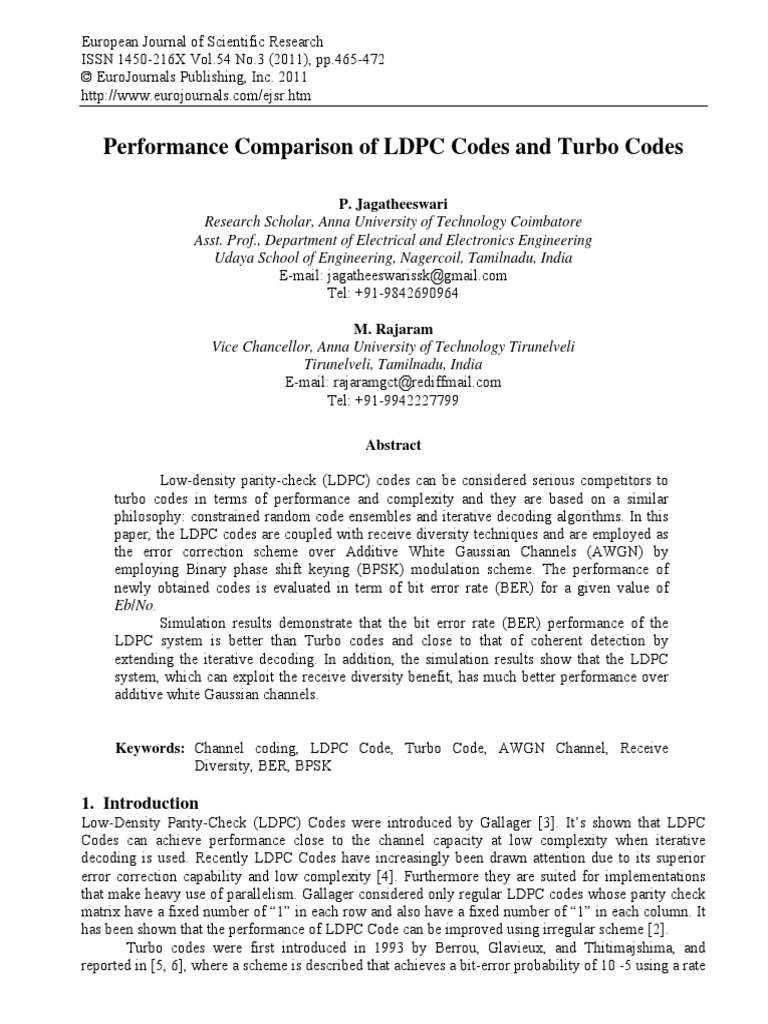 Performance Comparison of LDPC Codes and Turbo Codes | Download Free ...
