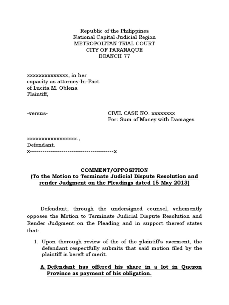 Opposition To Terminate Judicial Dispute Resolution | PDF | Pleading ...