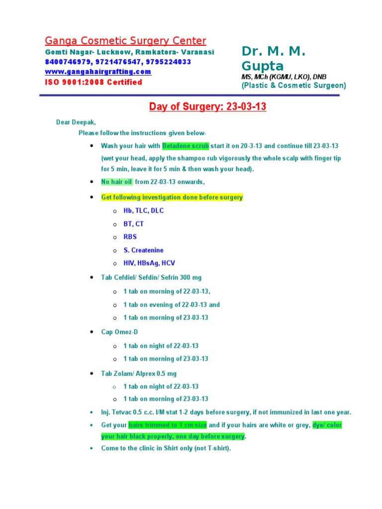Pre-Surgery Instructions for Deepak | PDF