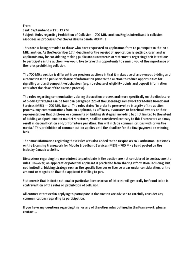 Text of E-Mail From IC To Wireless Cos, Sept 12 | PDF | Auction ...