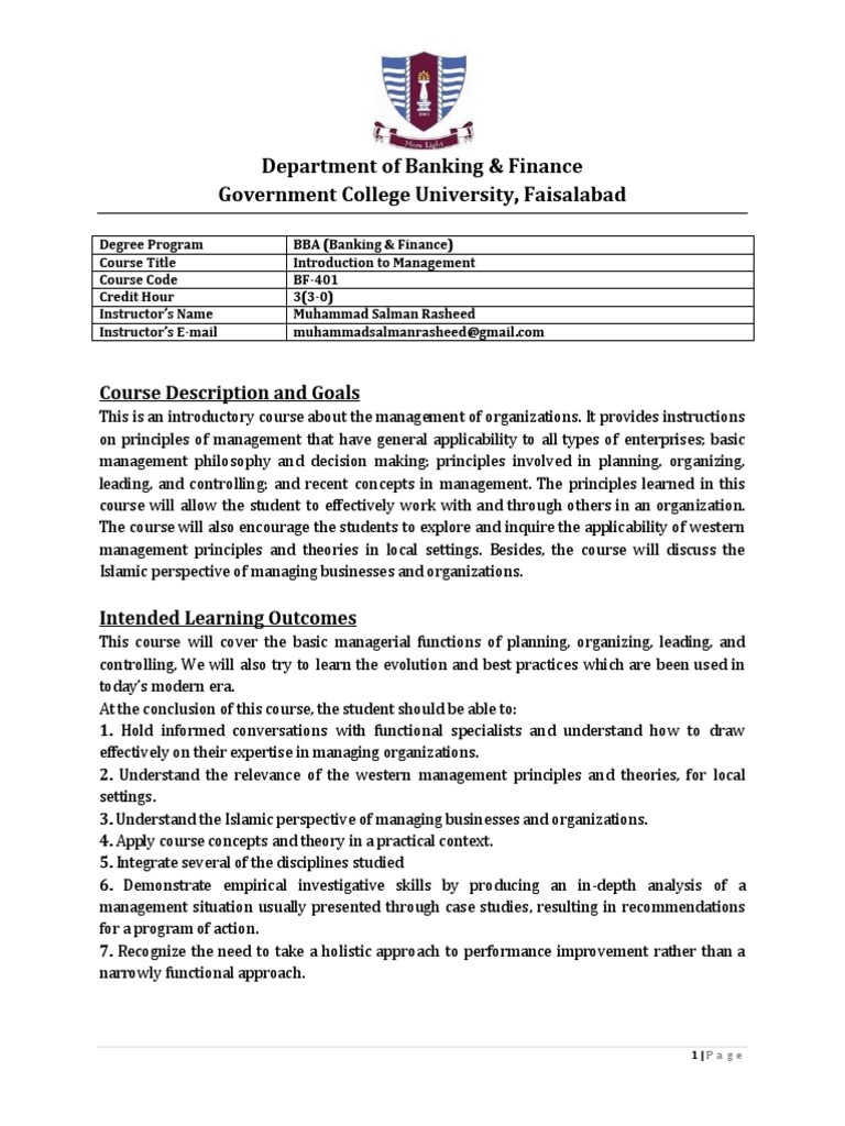 Principles of Management - Course Outline | PDF | Decision Making ...