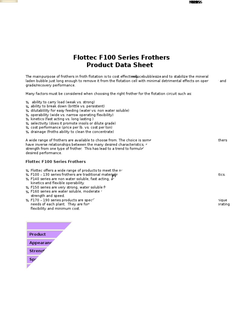 Flottec F100 Series Frothers Product Data Sheet | PDF | Chemistry ...