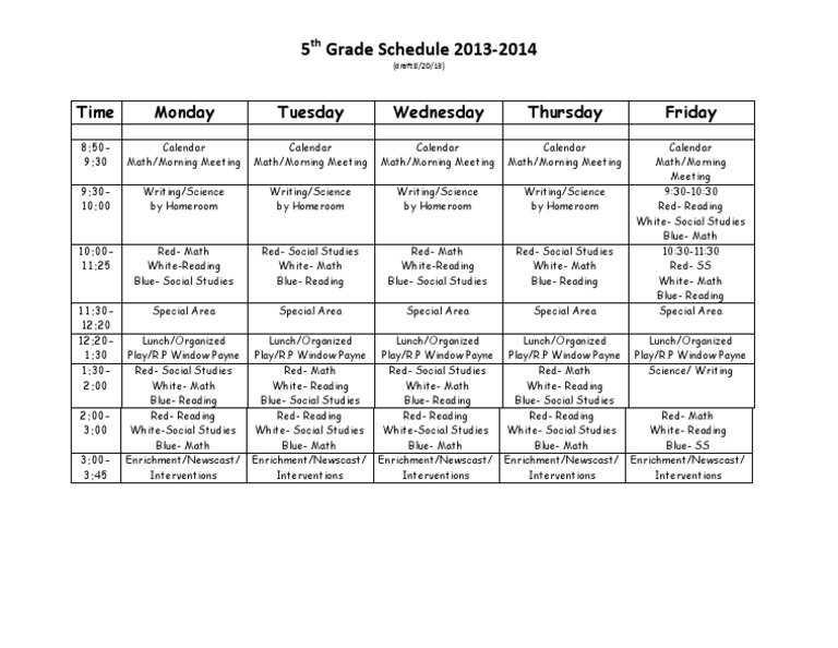 5th Grade 2013-2014 Weekly Schedule | PDF