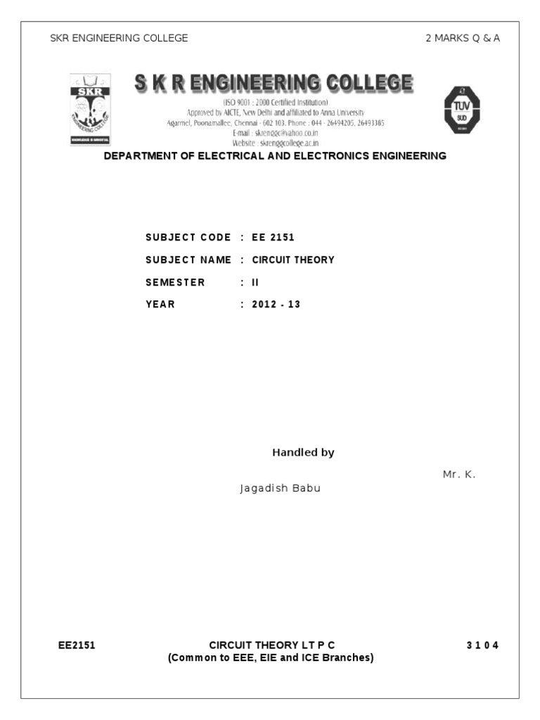 Analysis of Electrical Circuits Topics Covered in a Second Year ...