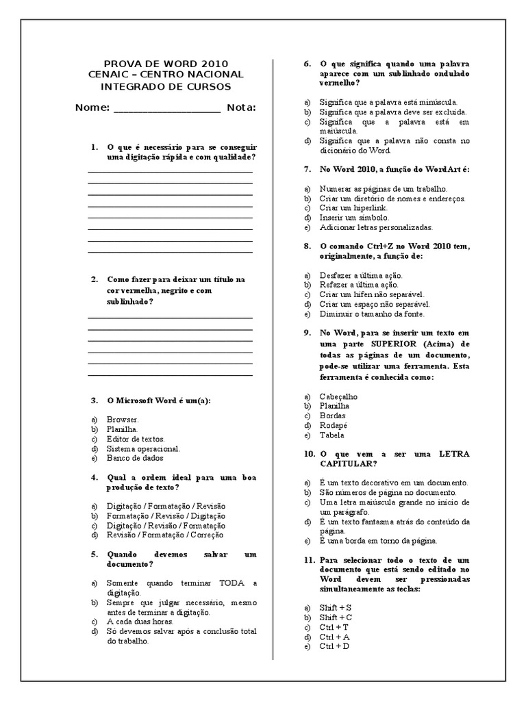 Prova de Word | PDF | Teclado de computador | Programas