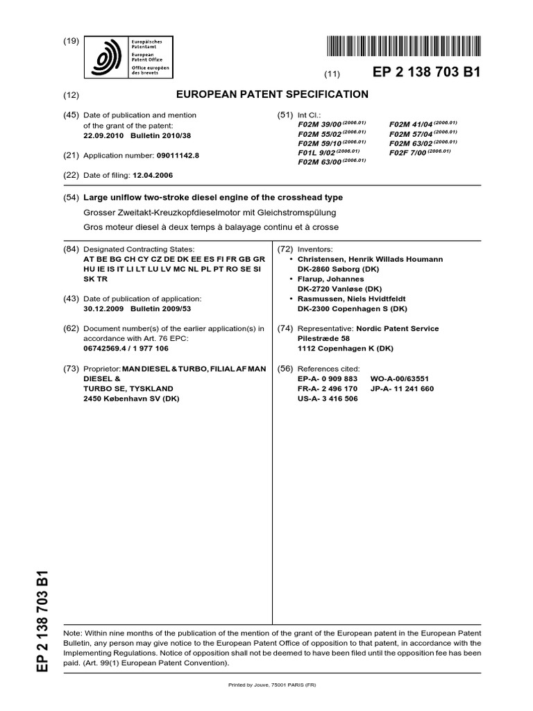European Patent Specification: Uniflow Two-Stroke Diesel Engine of The ...