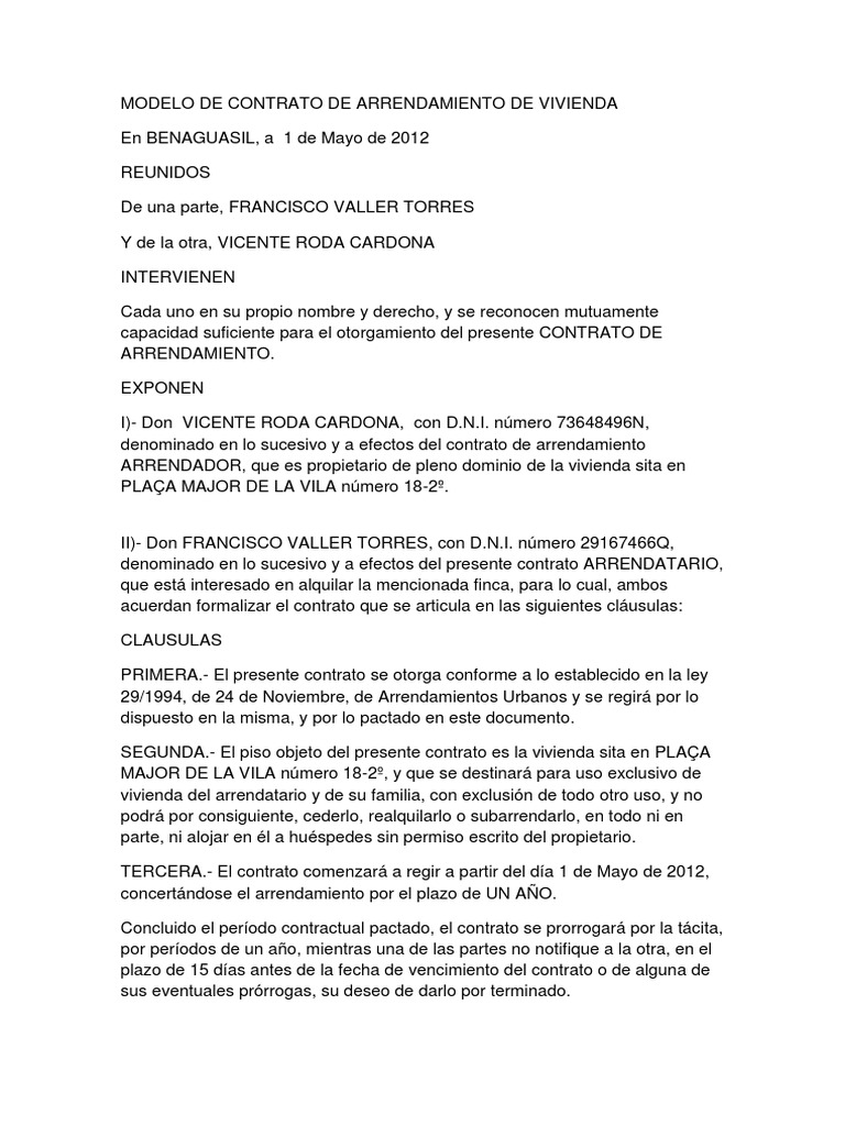 Modelo De Contrato De Arrendamiento De Vivienda PDF Alquiler